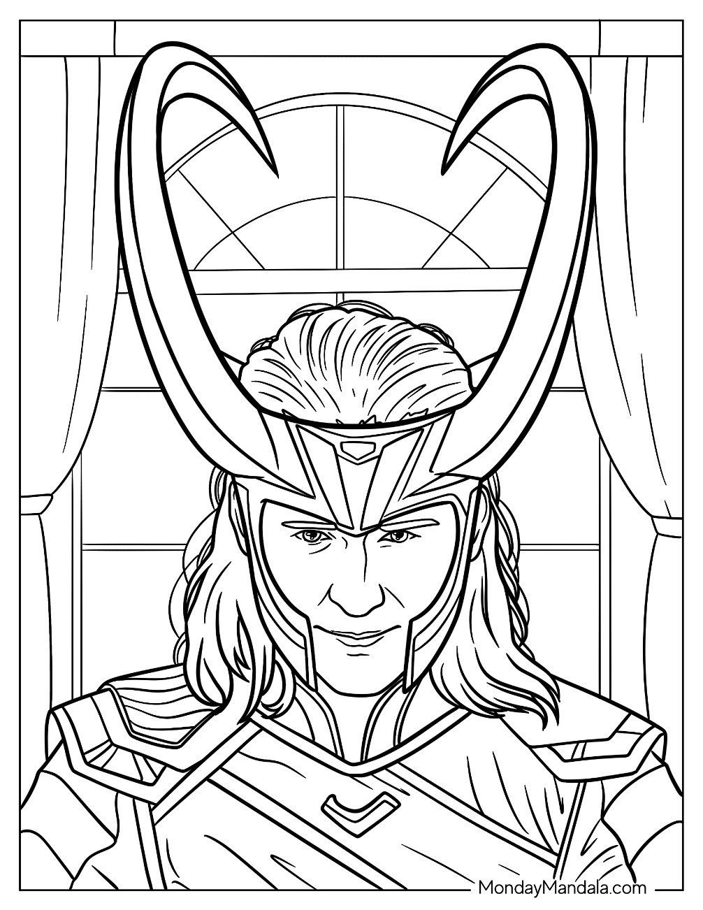 Close Up Of Loki With His Horned Helmet Coloring Sheet - Free Coloring ...