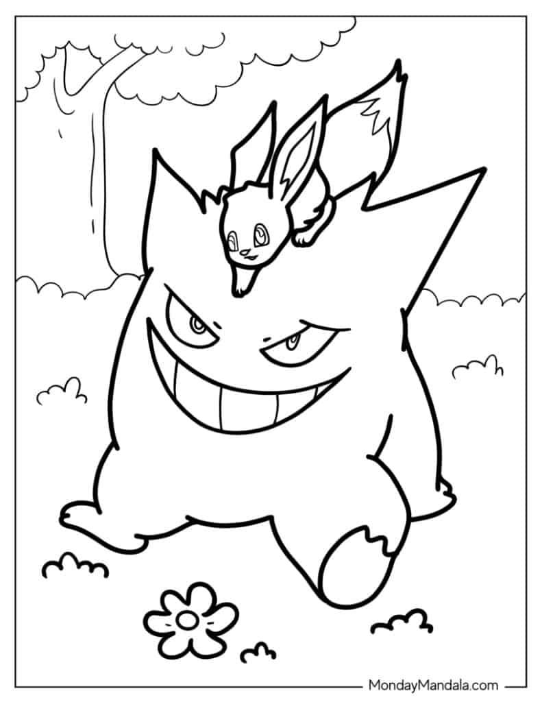 Coloring Page Of Little Eevee Playing With Gengar - Free Coloring Page ...