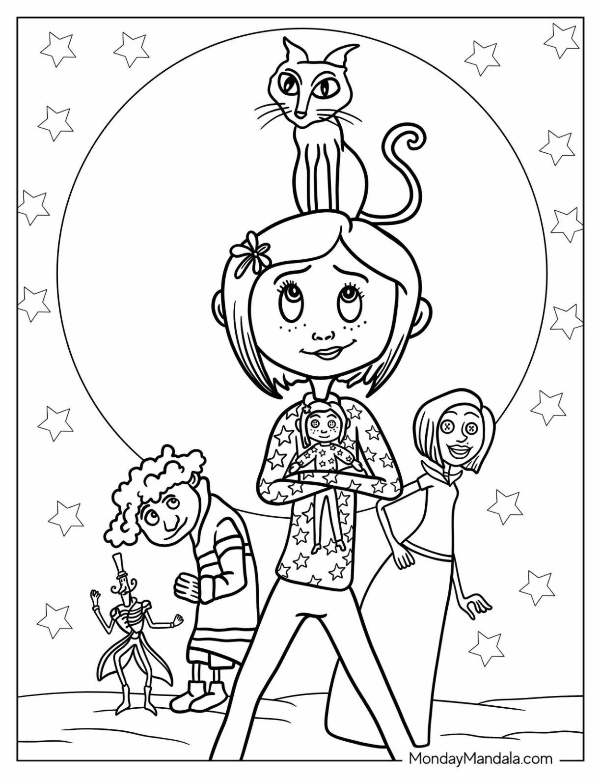 Coraline Coloring Page With Cat, Wybie, Other Mother, And Other ...