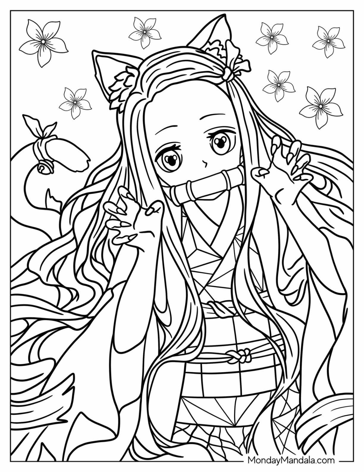 Cute Nezuko Coloring Page With Cat Ears And Tail - Free Coloring Page ...