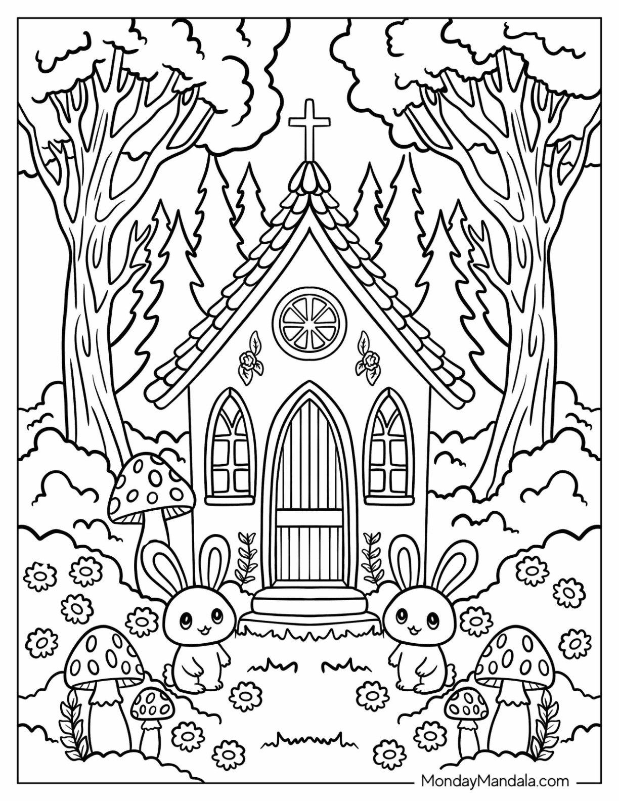 Fairy Tale Forest Church Coloring Page with Bunnies and Mushrooms for ...