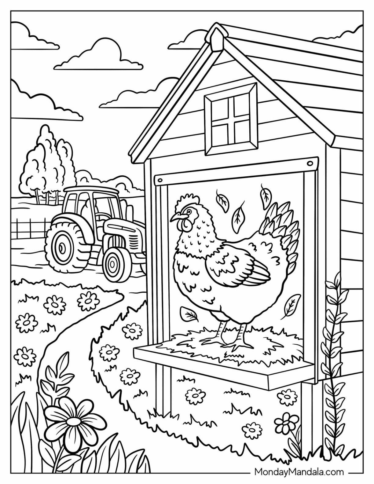 Farm Animal Coloring Page of Hen in Nesting Box Outside Chicken Coop ...