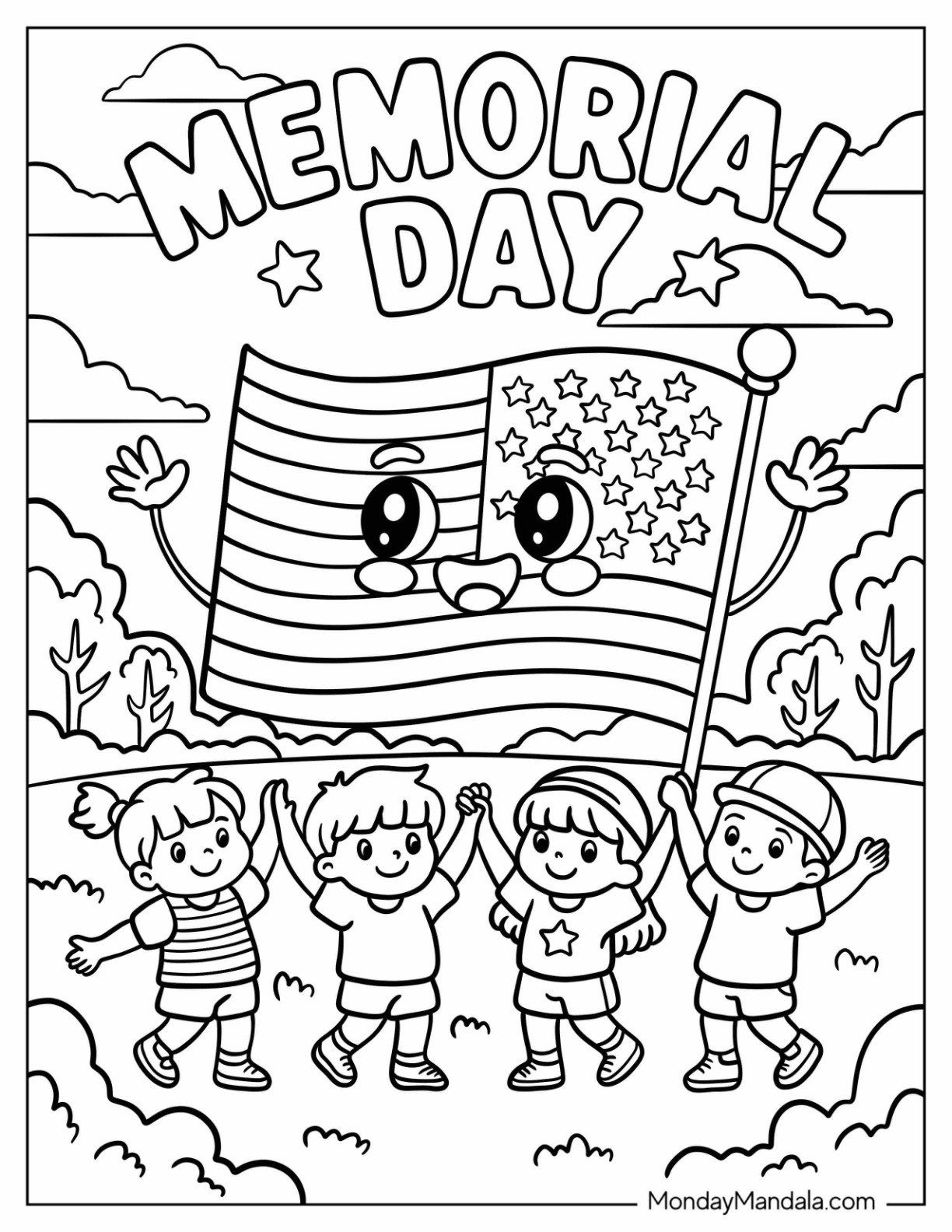 Memorial Day Coloring Page of Group of Children Holding Hands Beneath ...