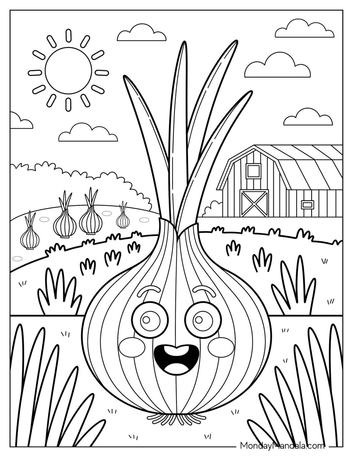 Vegetable Coloring Page of Happy Onion With Tall Sprouts and Barnyard ...