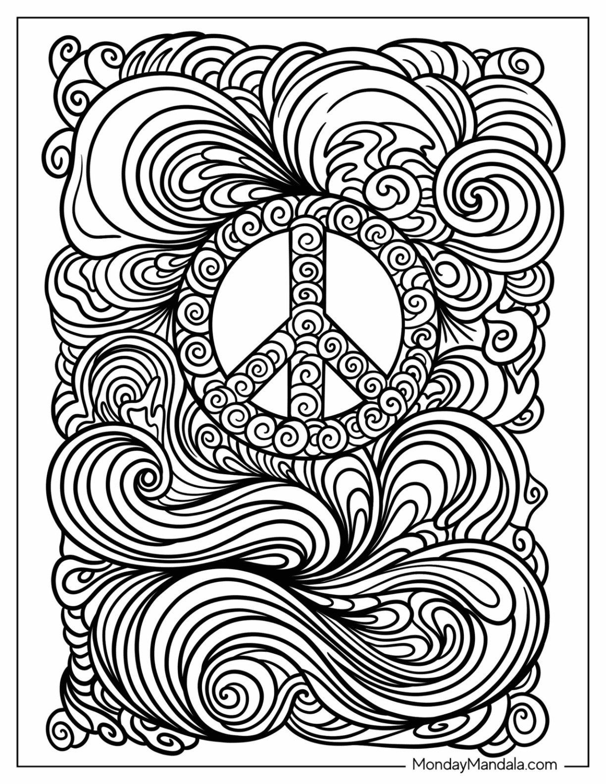 Hippie Coloring Page Of Intricate Peace Sign Surrounded By Waves - Free ...