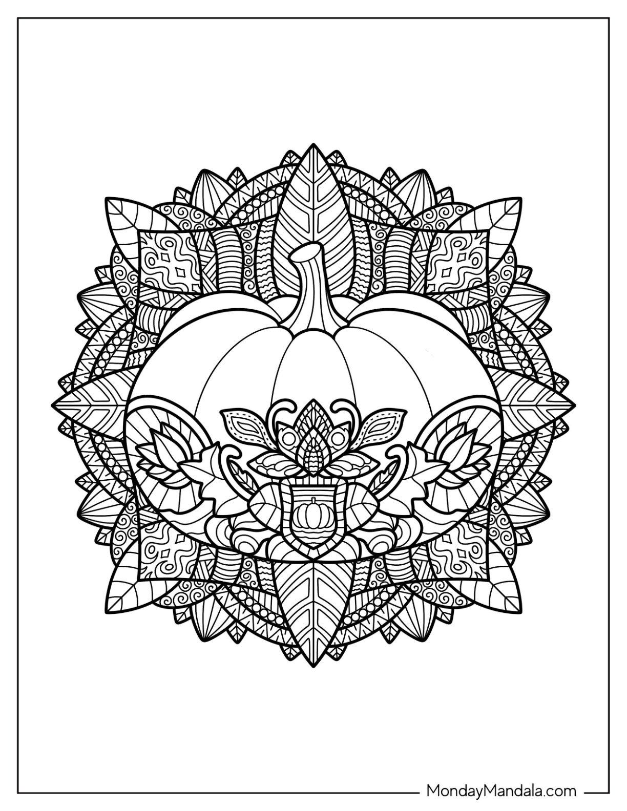 Intricate Pumpkin Coloring Page Mandala With Leaves - Free Coloring ...
