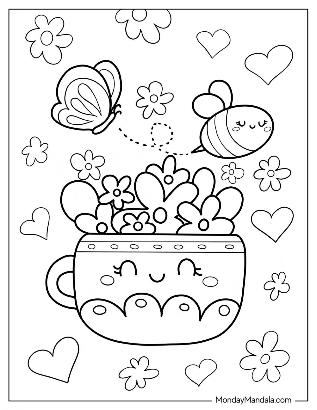 Spring Coloring Page Kawaii Flower Pot With Bee And Butterfly For Kids ...
