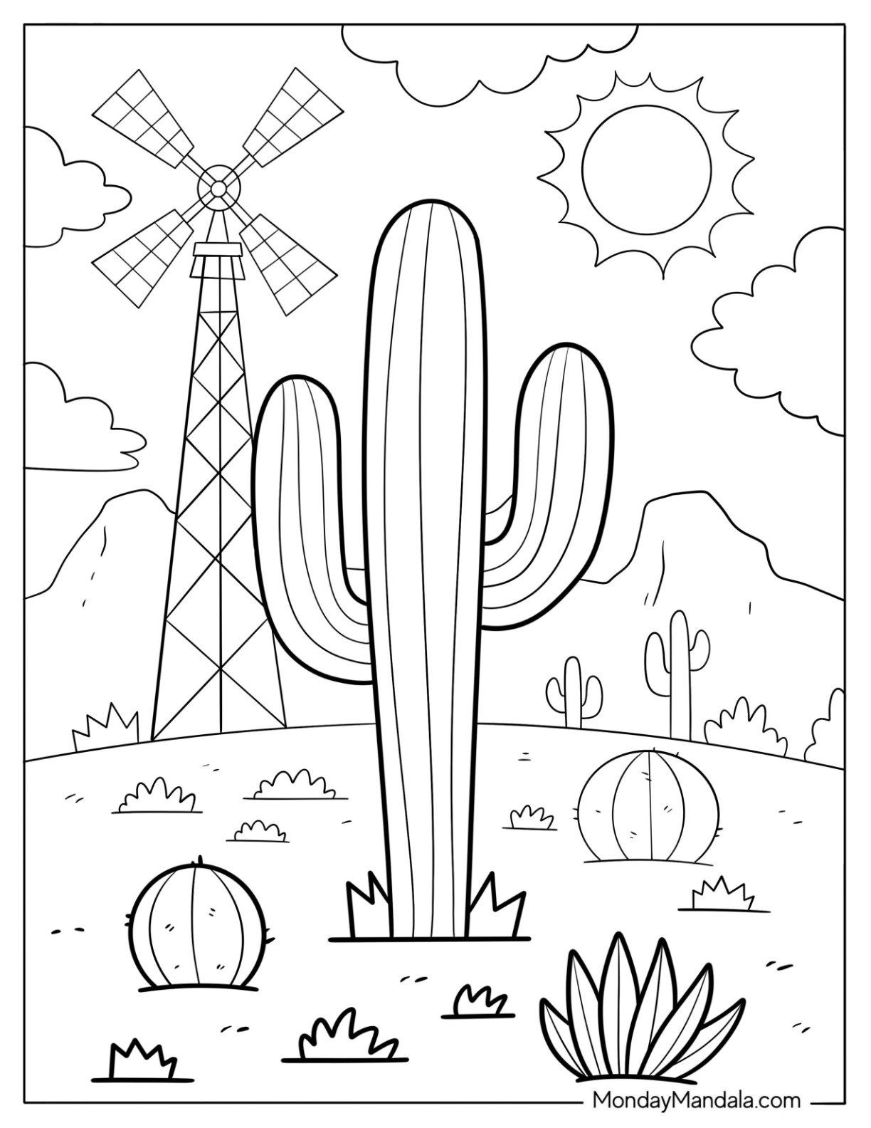 Majestic Saguaro Cactus Coloring Page Standing in a Desert Field With ...