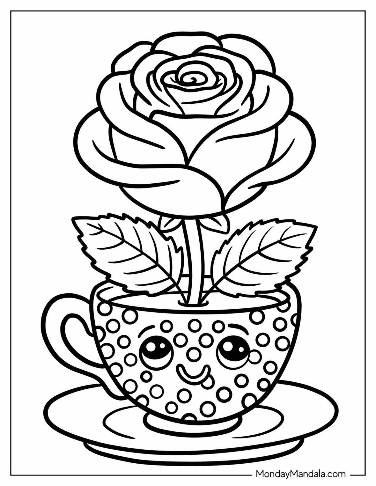 Smiling Dotted Teacup with Rose Coloring Page Inside for Kids - Free ...
