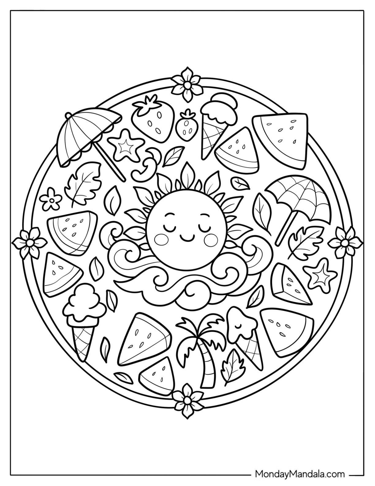 Summer Coloring Page Mandala with Smiling Sun, Watermelon Slices, and ...
