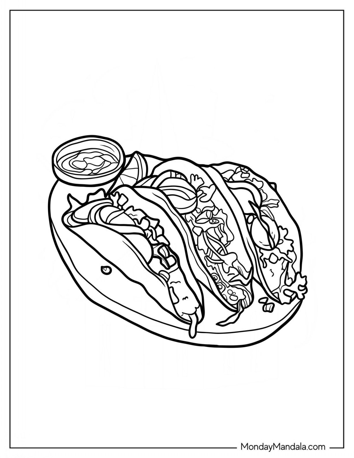 Taco Coloring Page On A Plate With Salsa - Free Coloring Page Download ...