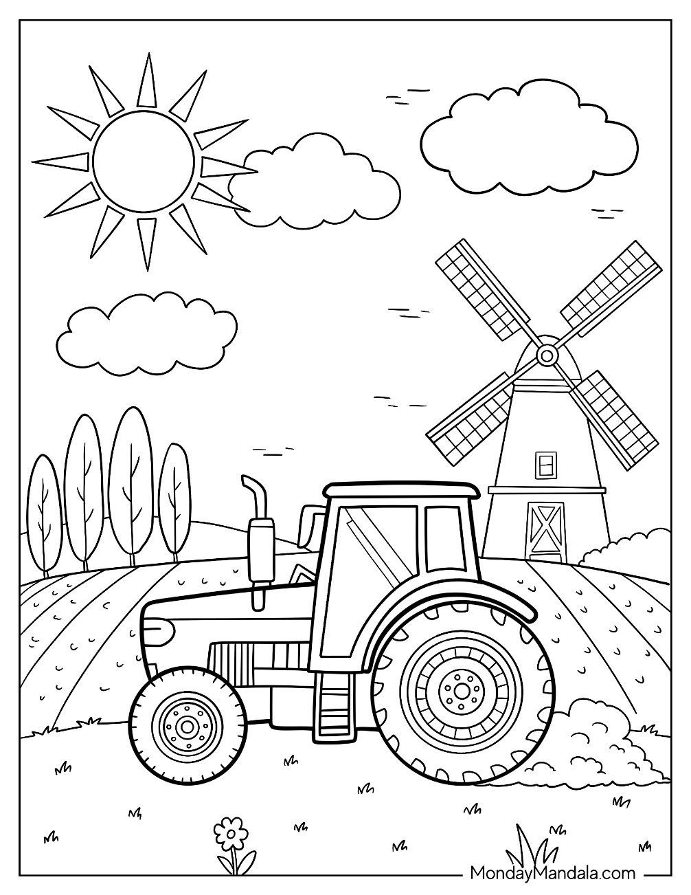 Tractor Coloring Page Driving Past Windmill on Sunny Farm For Kids ...