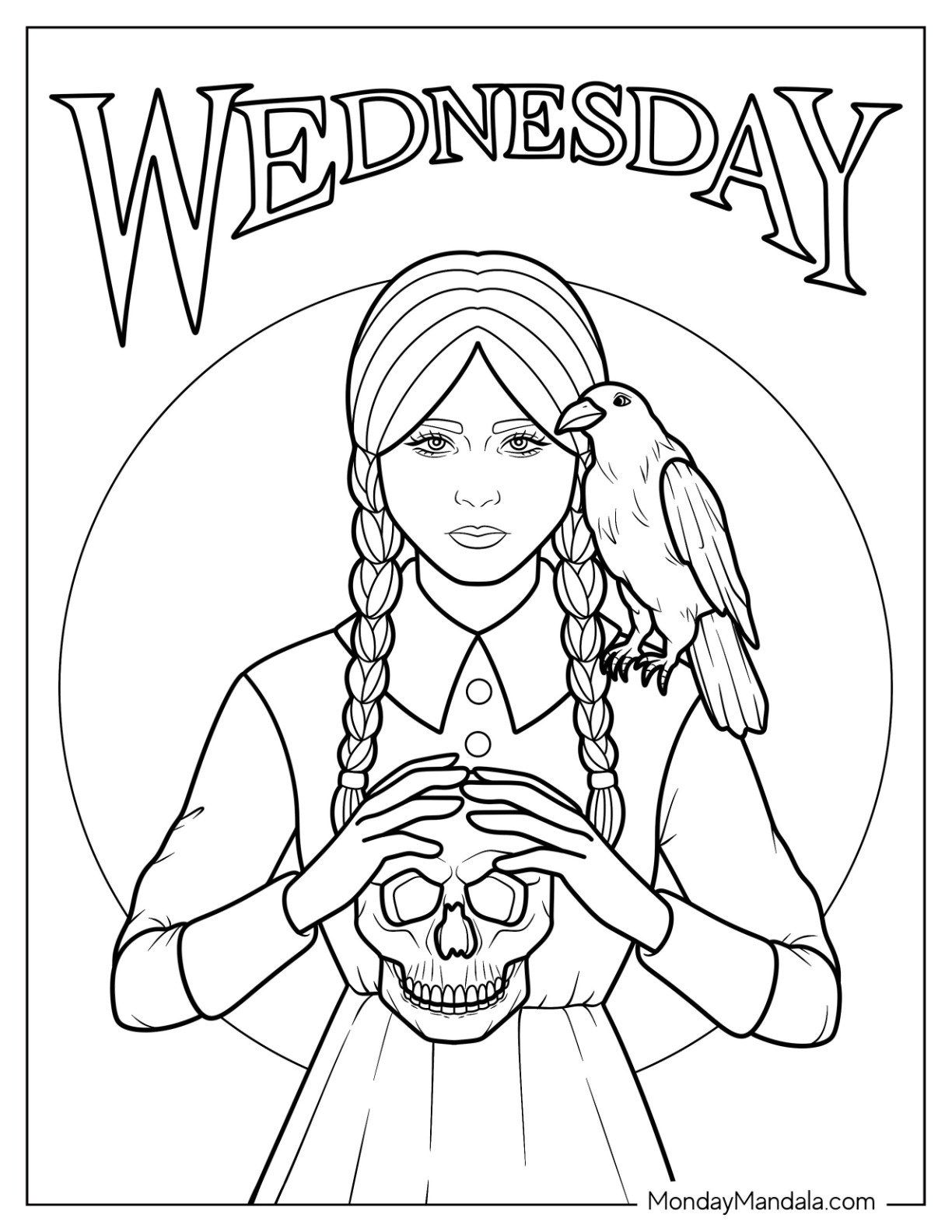 Wednesday Coloring Page Holding A Skull With A Crow On Her Shoulder ...