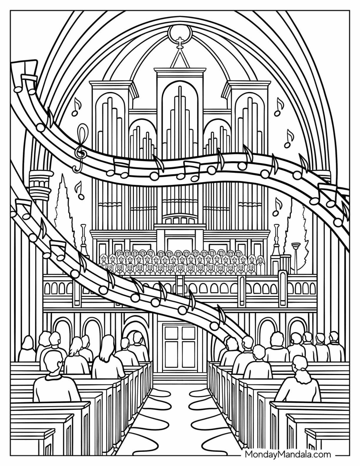 Worshippers in Church Coloring Page Sanctuary with Choir and Organ ...