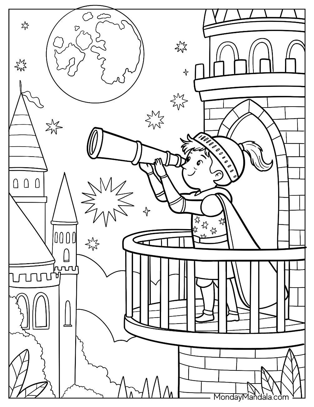 Young Knight Coloring Page Looking Through Telescope From Castle Tower ...