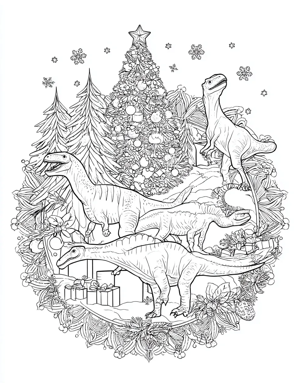 Intricate Dinosaur Christmas Coloring Page for Adults - Free Coloring ...
