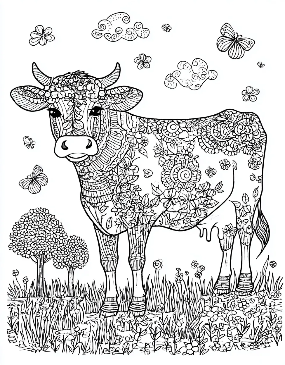 Whimsical Cow Coloring Pages Printable for Adults - Free Coloring Page ...