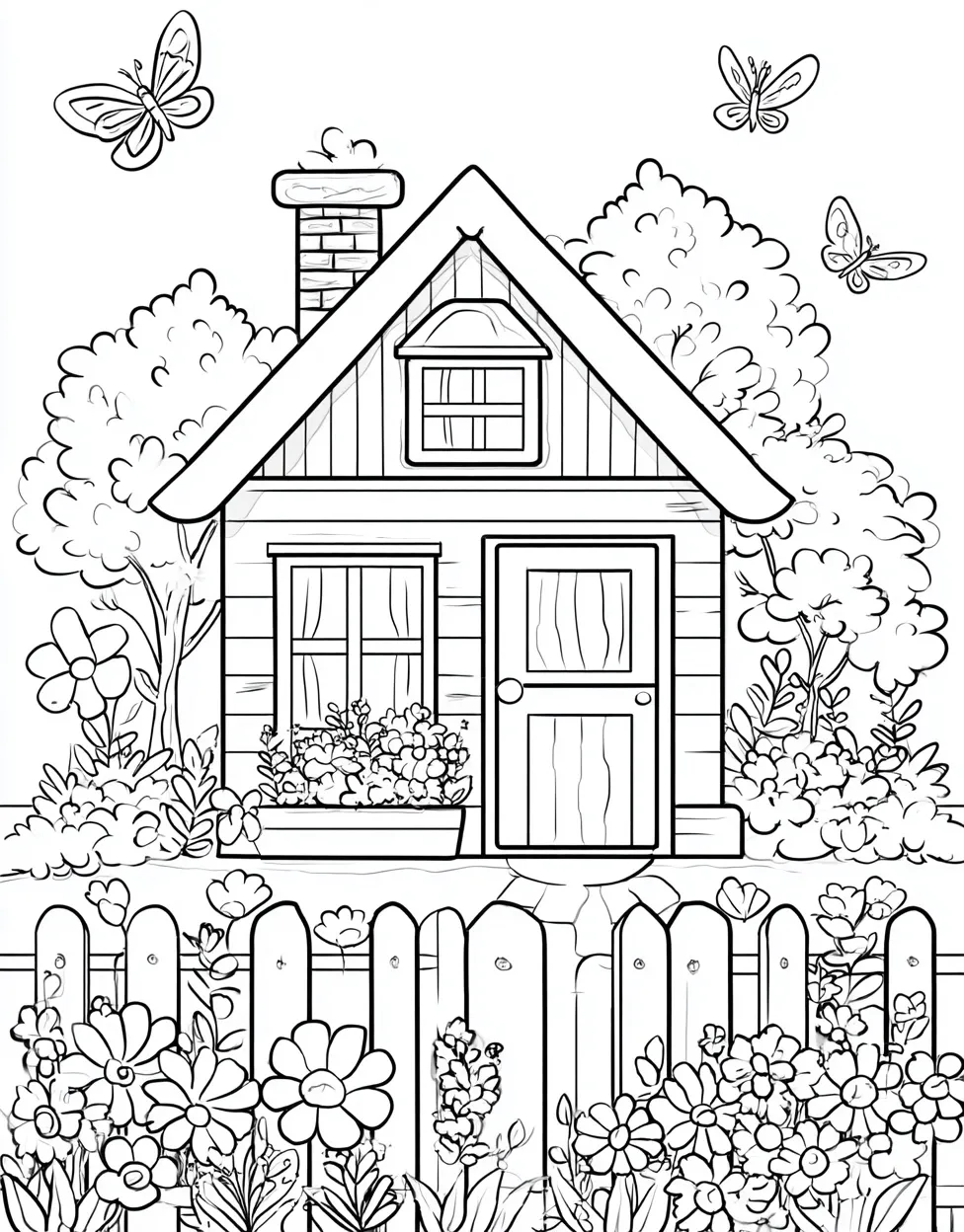 Printable House Color Pages with Garden and Butterflies - Free Coloring ...