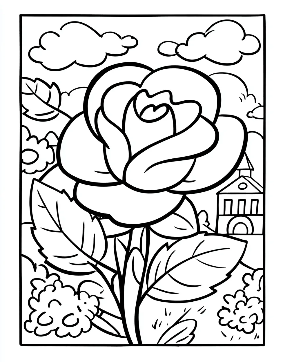 Cheerful Rose Flower and Temple Coloring Page - Free Coloring Page ...