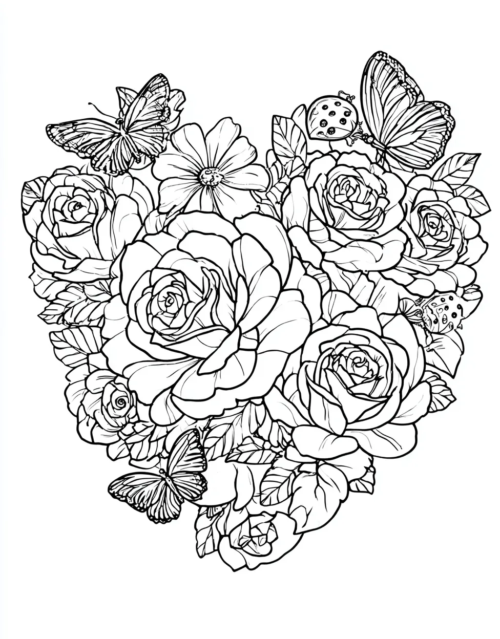 Flower Heart Coloring Pages with Roses for Kids - Free Coloring Page ...
