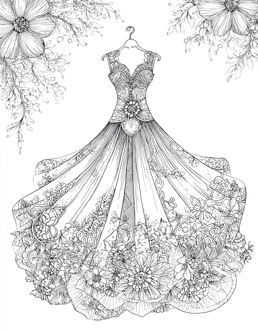 Detailed Floral Dress Coloring Page for Adults - Hard Level - Free ...