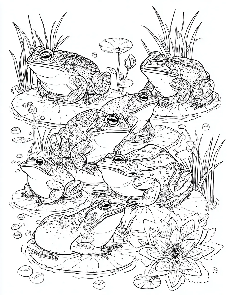 Detailed Five Green and Speckled Frogs Coloring Page - Free Coloring ...