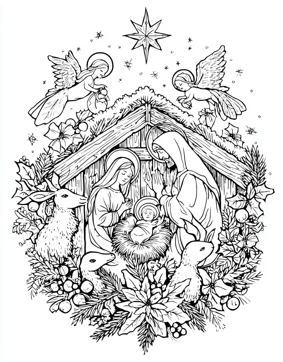 Serene Christmas Nativity Scene Coloring Page for Adults - Free ...