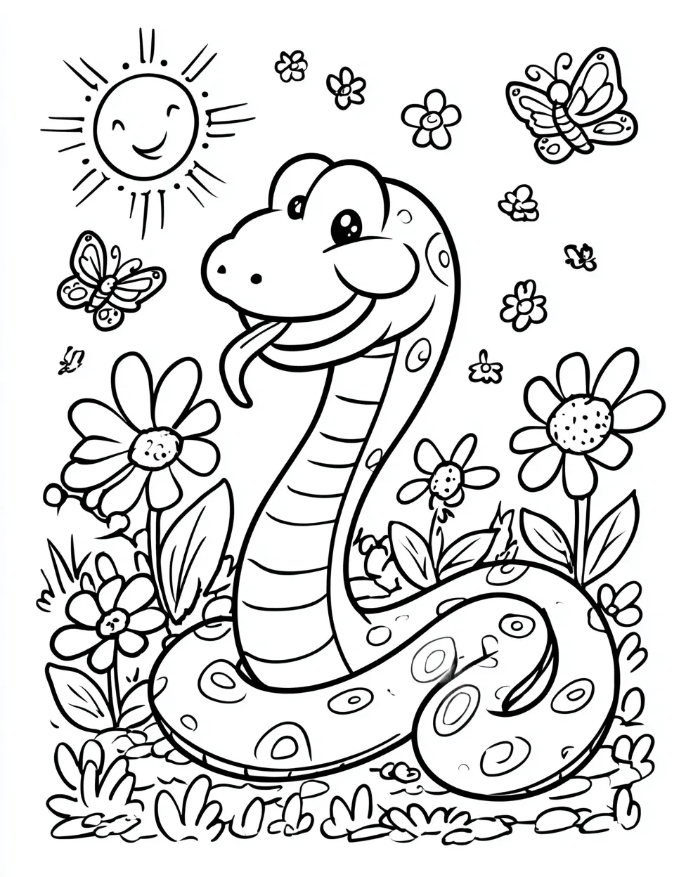Cute Snake Coloring Pages for Kids in Vibrant Gardens - Free Coloring ...